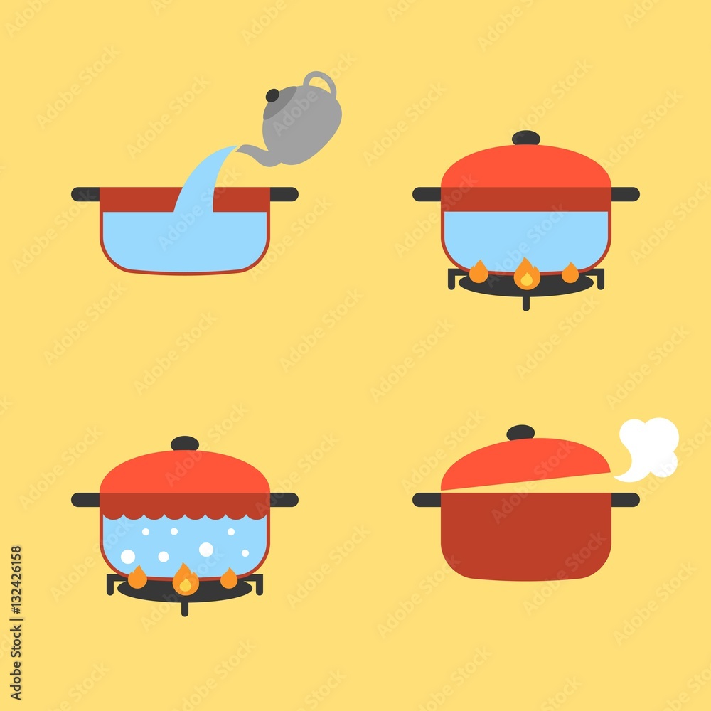 Vector set of info graphic boiling water in pot on fire, flat design ...