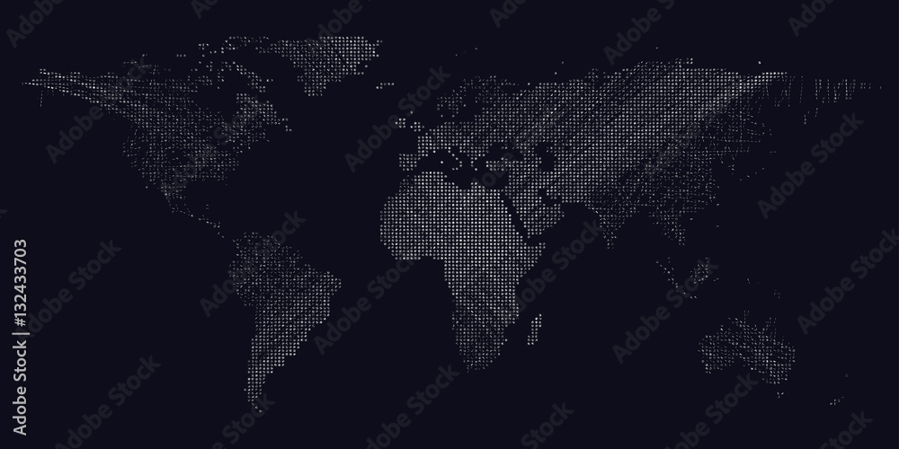 Dark background with white color dotted world map, lines, curves ...