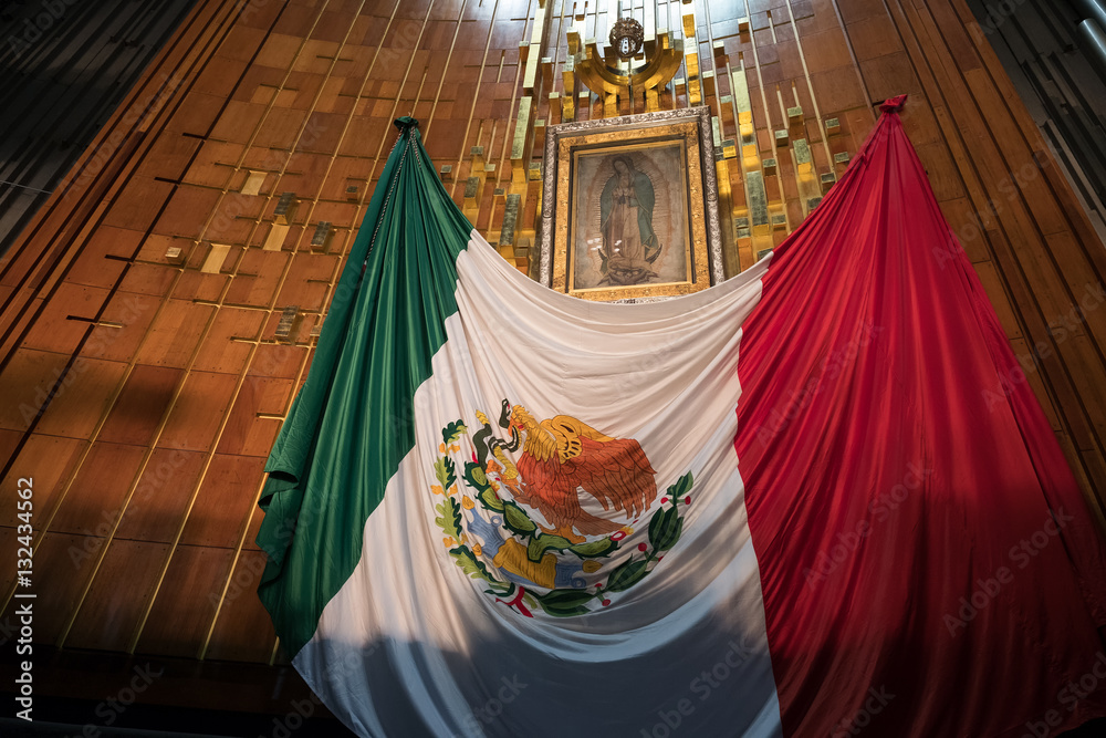 Image of the Virgin of Guadalupe and a mexican flag at the Basilica of ...