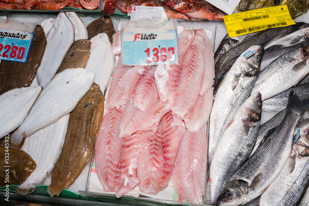Fresh fish variety for sale at seafood market, Palma, Mallorca Stock ...