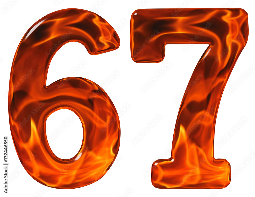 67, sixty seven, numeral, imitation glass and a blazing fire, is Stock ...