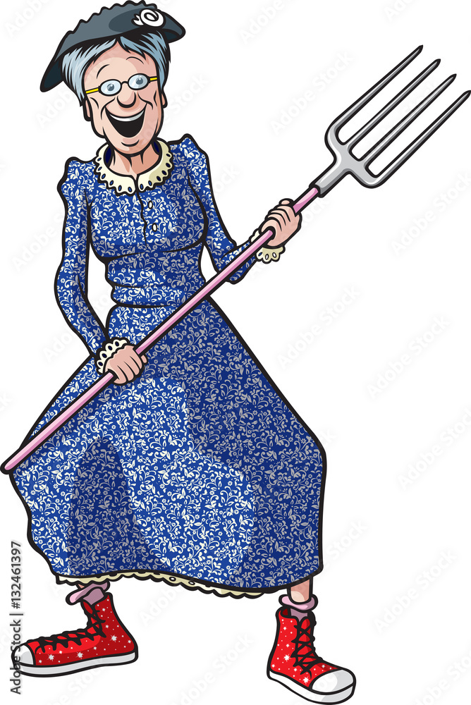 Granny with Pitchfork A cartoon of an elderly lady with a pitchfork ...