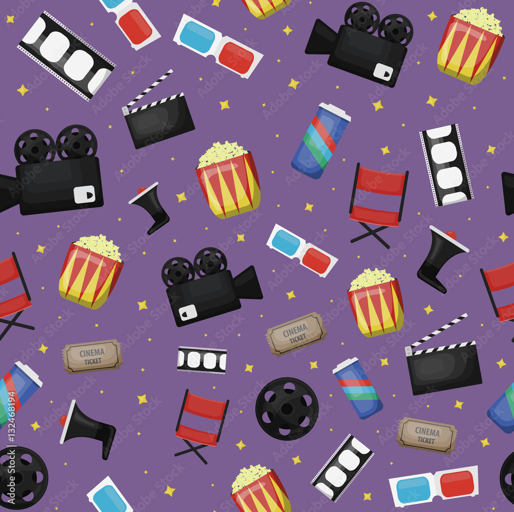 Vector cartoon cinema seamless pattern on purple background for gift ...
