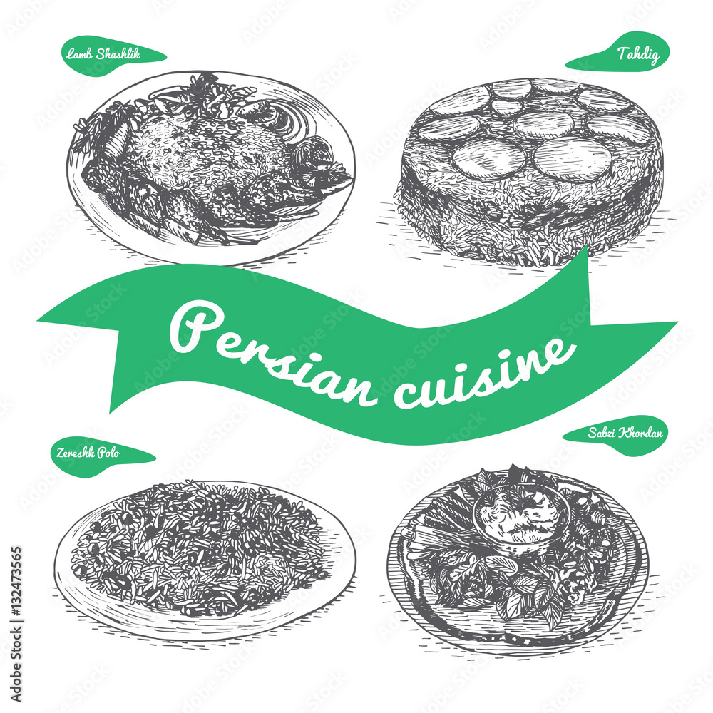 Monochrome vector illustration of Persian cuisine. Stock Vector | Adobe ...