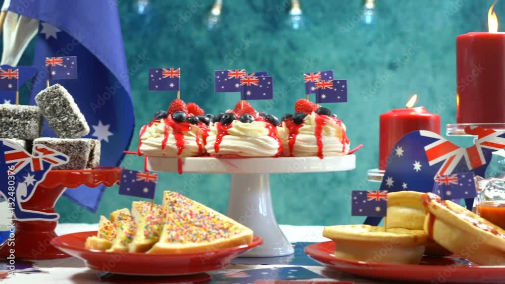 Australian theme party table with flags and iconic food including mini ...