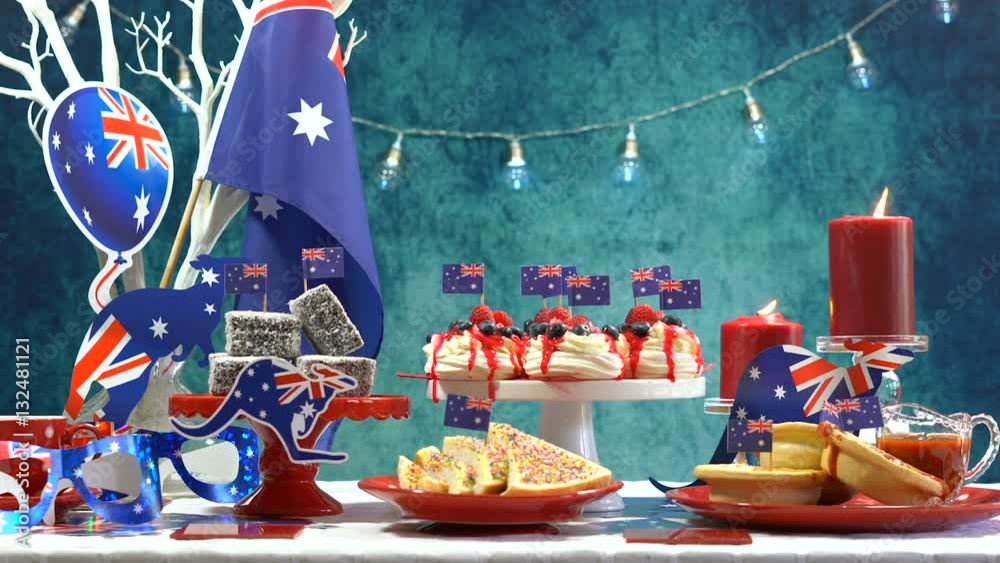 Australian theme party table with flags and iconic food including mini ...