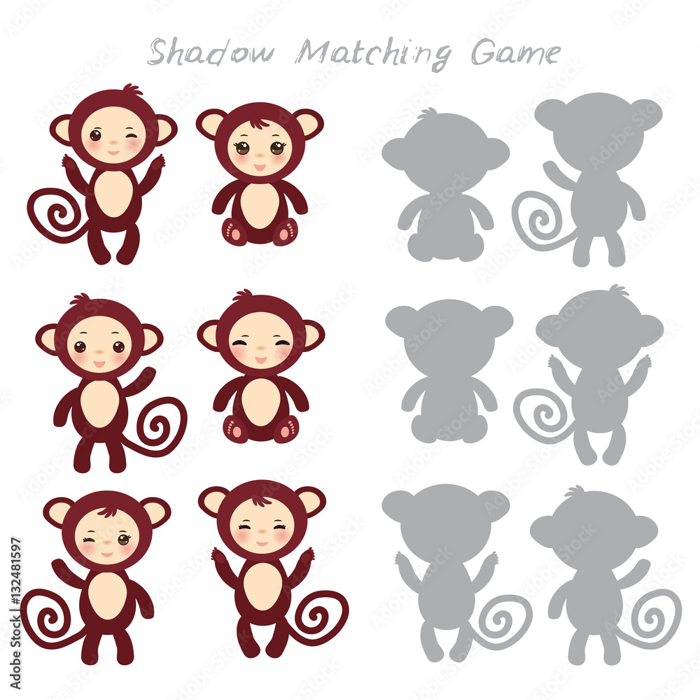 Set of funny brown monkey isolated on white background, Shadow Matching ...