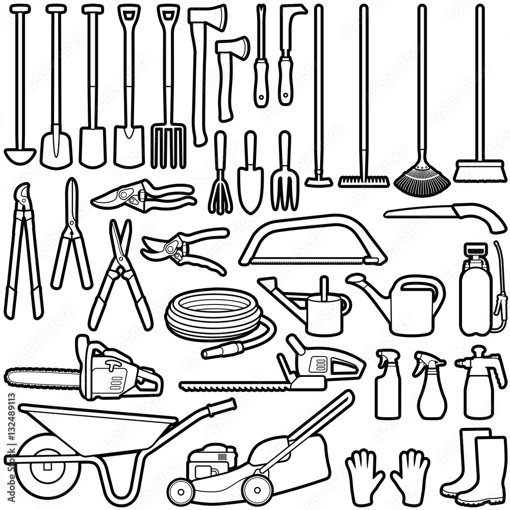 Gardener tools collection - outline illustration Stock Illustration ...