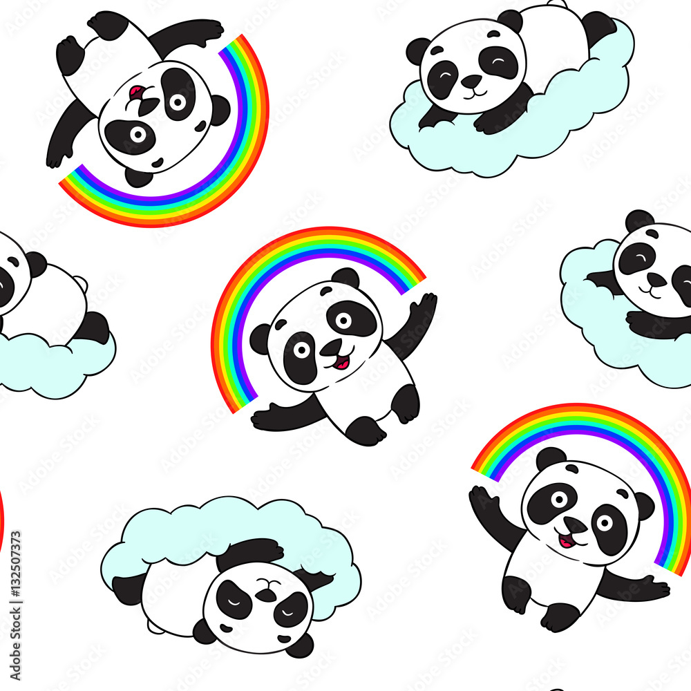 Doodle panda bear pattern. Panda is holding rainbow, lying on a cloud ...