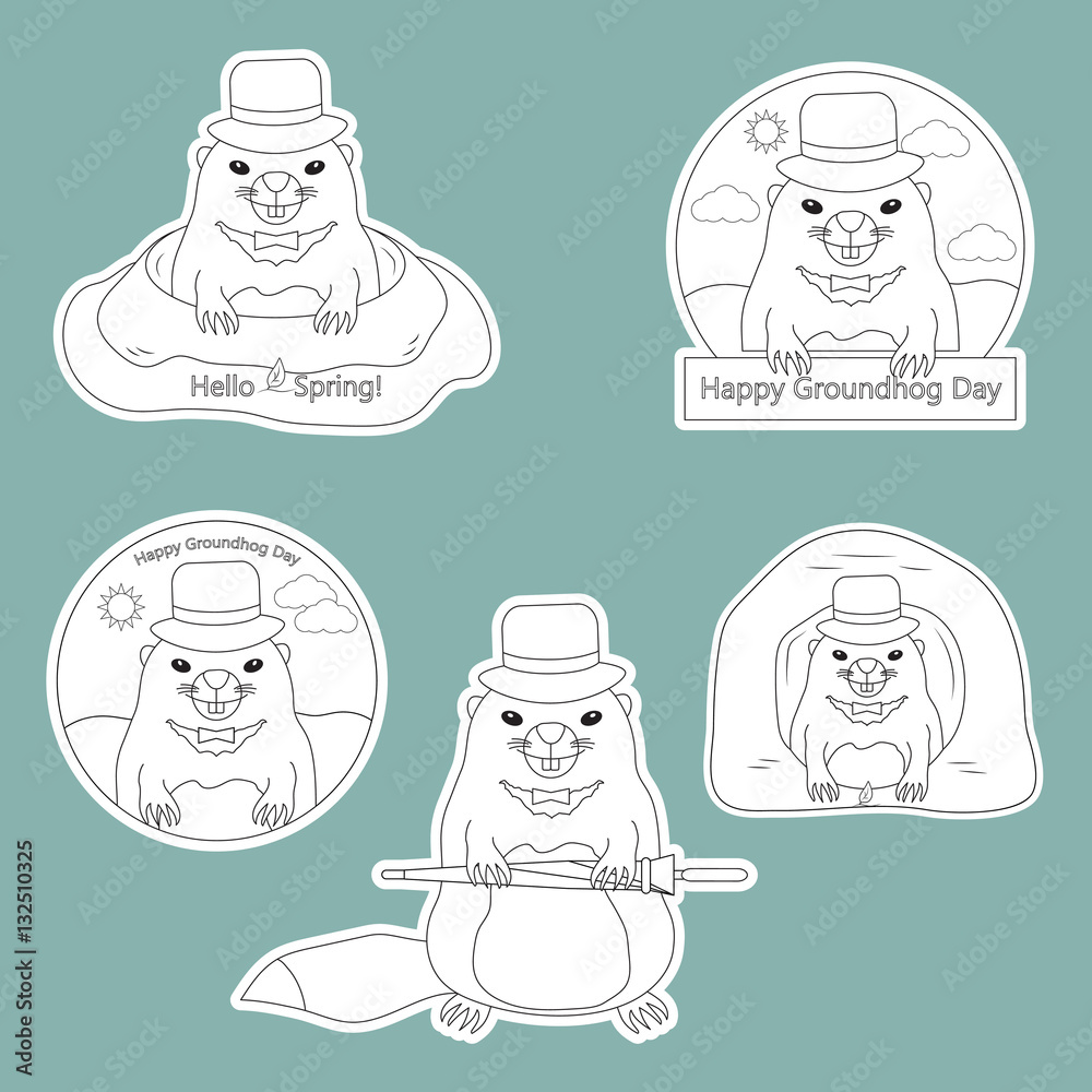 Coloring page - Set of stickers Happy Groundhog Day with cute groundhog ...