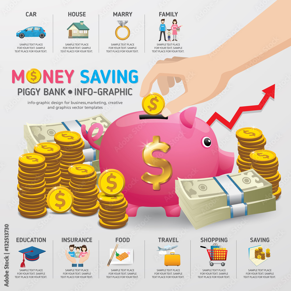 Money saving planning infographics template. Golden coins putting into ...