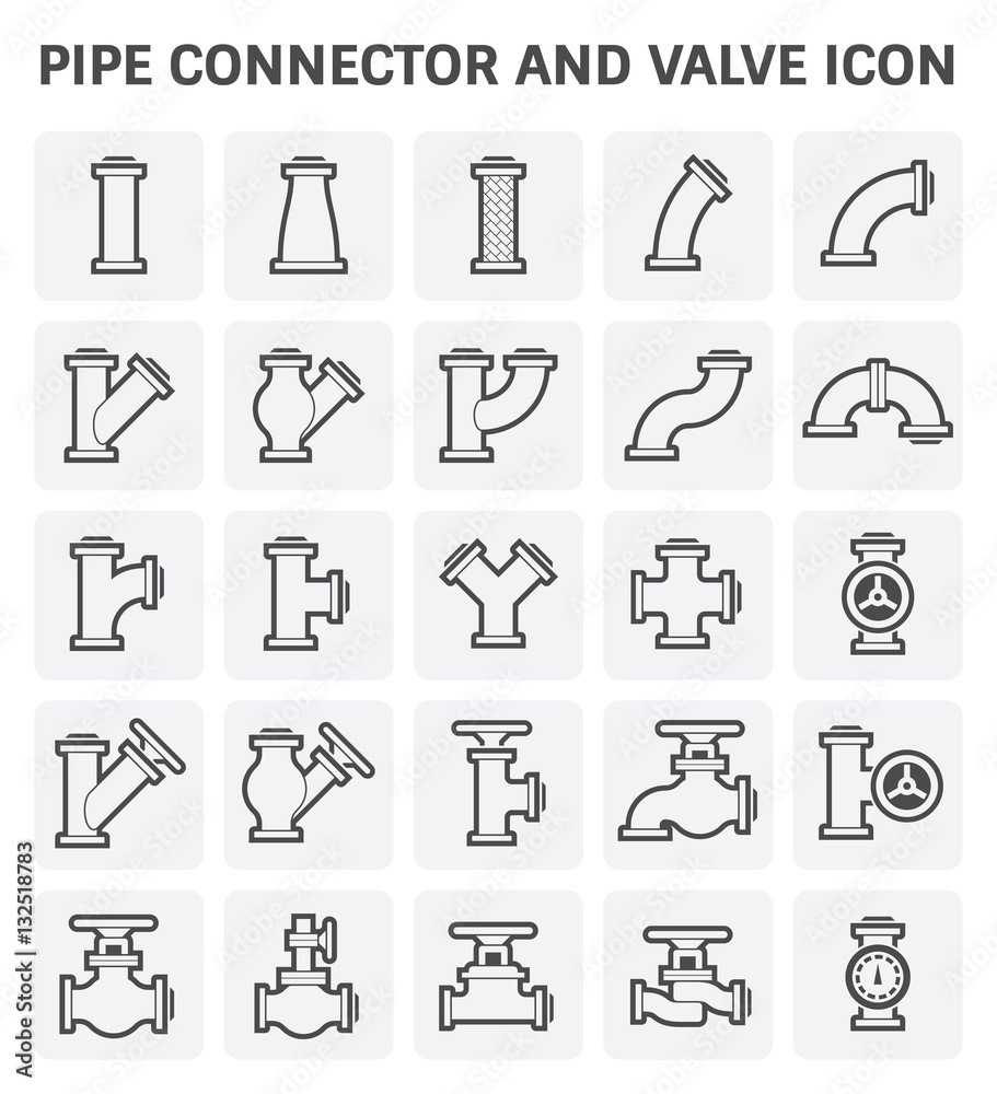 Pipe icon and flange fitting. Include control valve and metal hose or ...