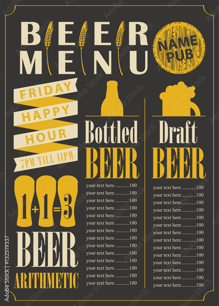 menu for the pub for bottled and draft beer with price list Stock ...