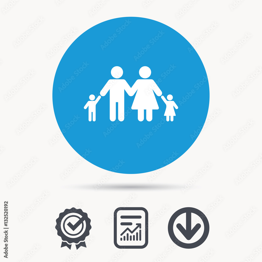Family icon. Father, mother and child symbol. Achievement check ...