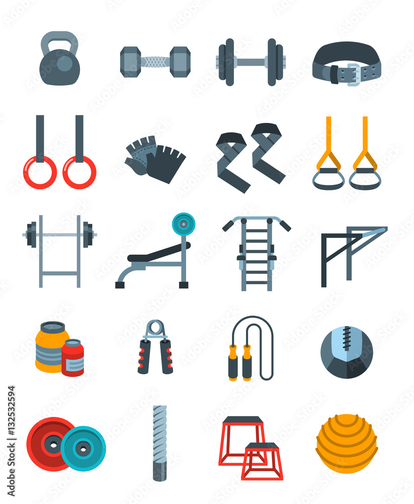 Weightlifting flat vector icons set. Bodybuilding exercises equipment ...
