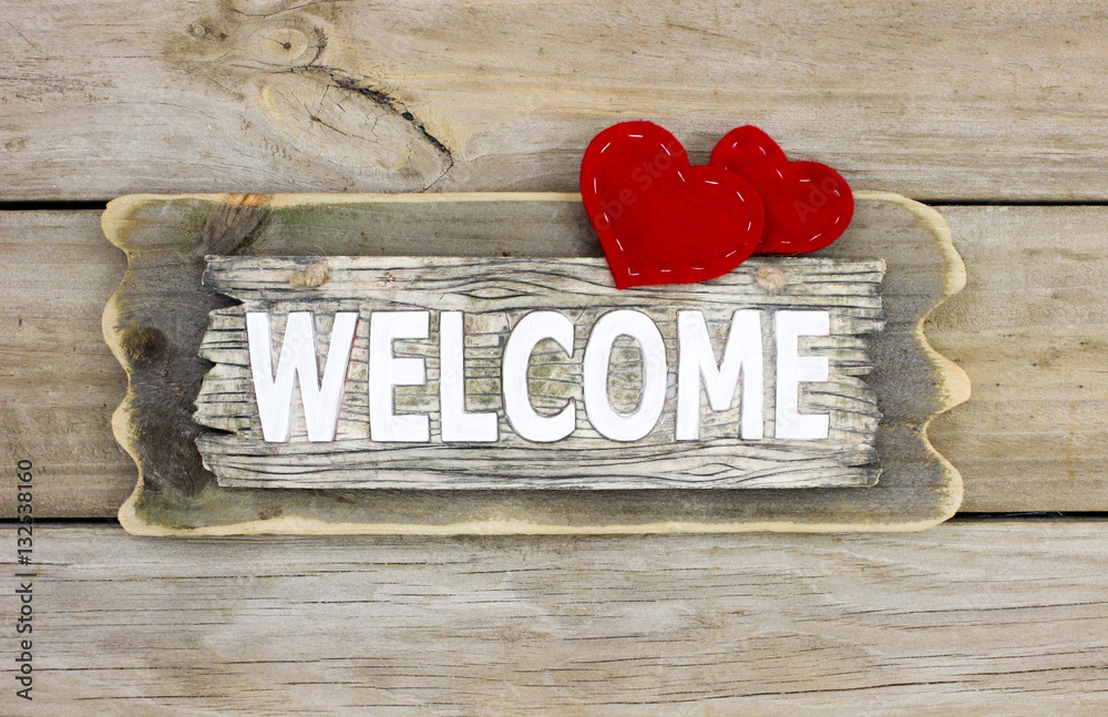 Welcome sign with red hearts Stock Photo | Adobe Stock