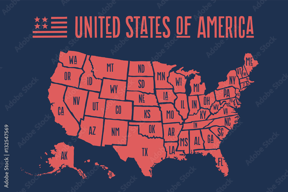 Poster map of United States of America with state names. Print map of ...