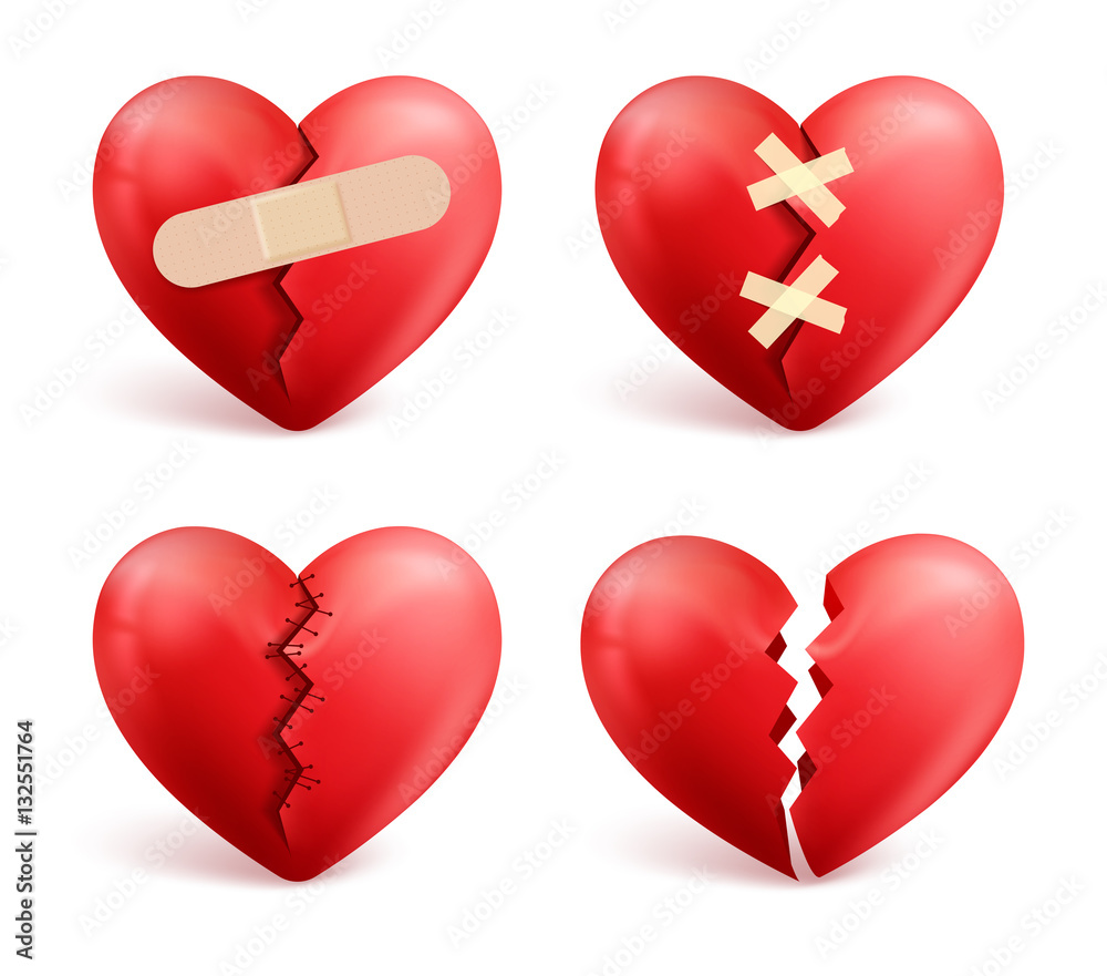 Broken hearts vector set of 3d realistic icons and symbols in red color ...