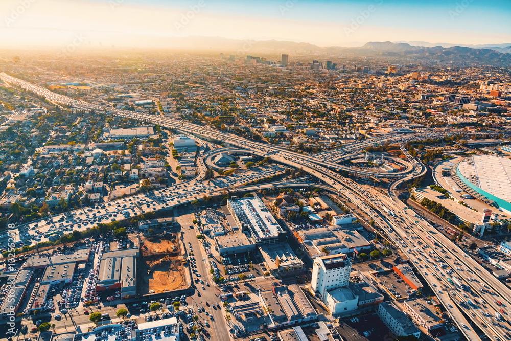Aerial view of a freeway intersection in Los Angeles Stock Photo ...