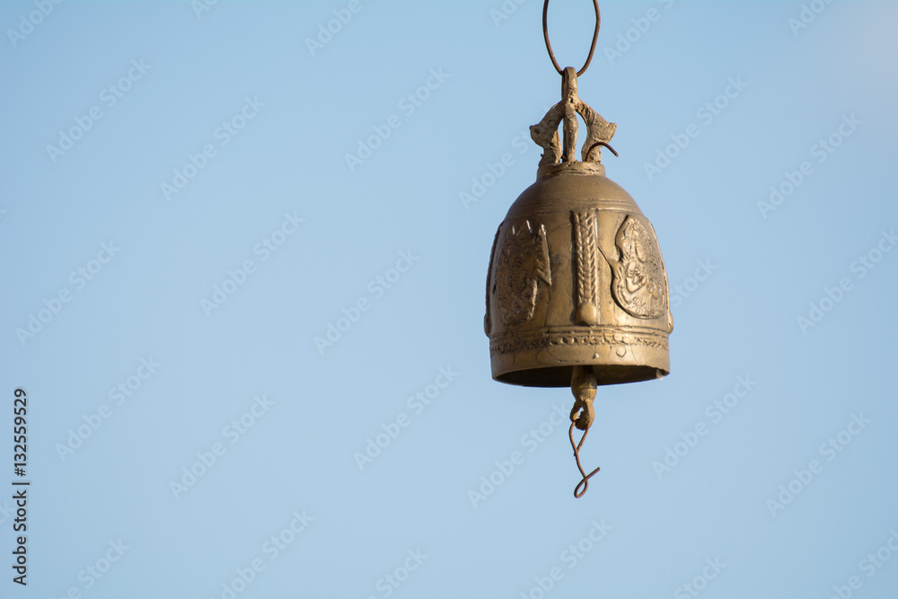 Brass bell hanging on a beautiful pole (sky background) Stock Photo ...