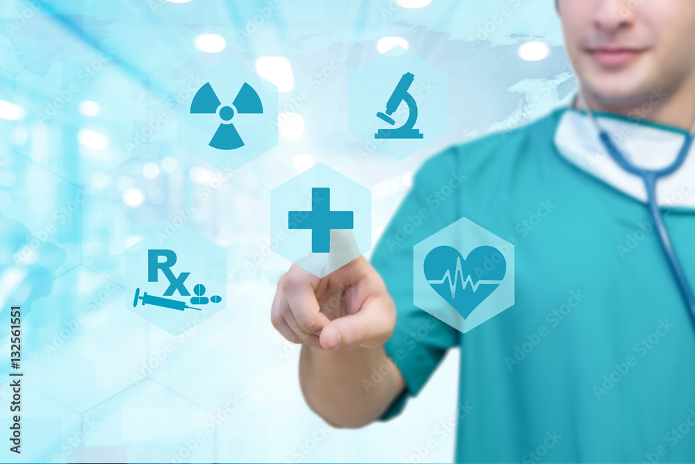 Doctor hand working on visual screen interface as professional medicine ...