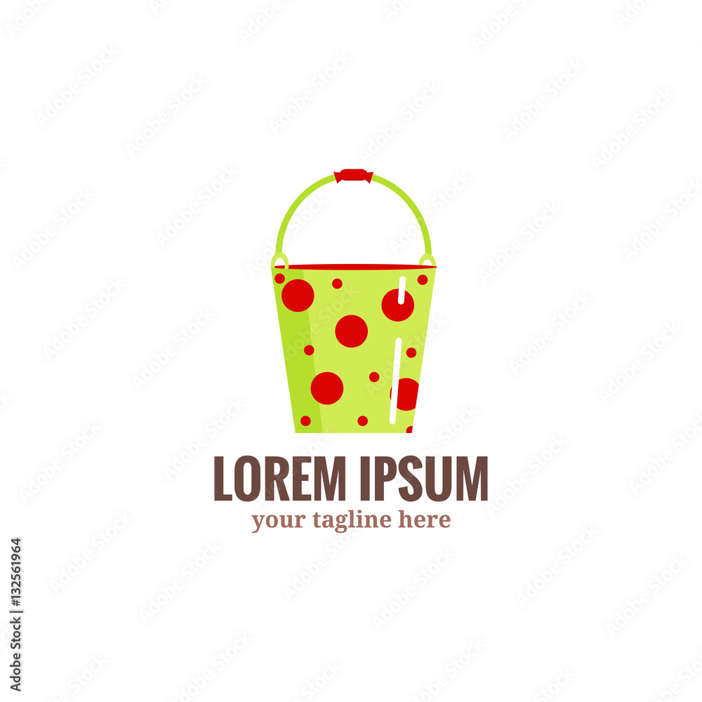 Garden tools logo.Green garden bucket in red dots. Flat cartoon style ...