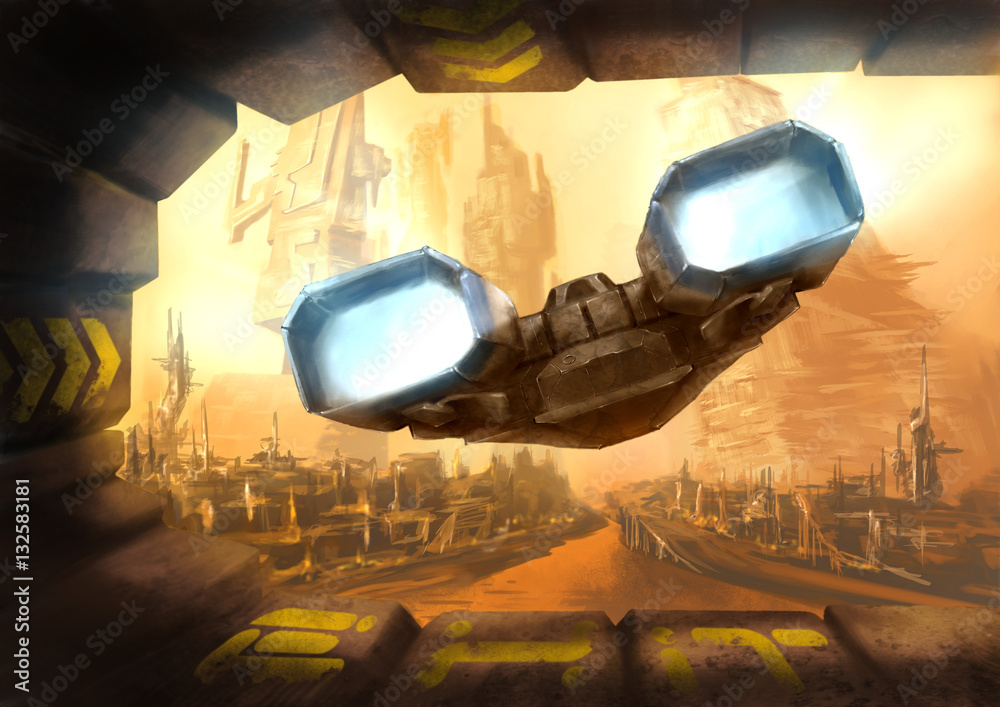 Spaceship leaving hangar towards futuristic alien cityscape Stock ...