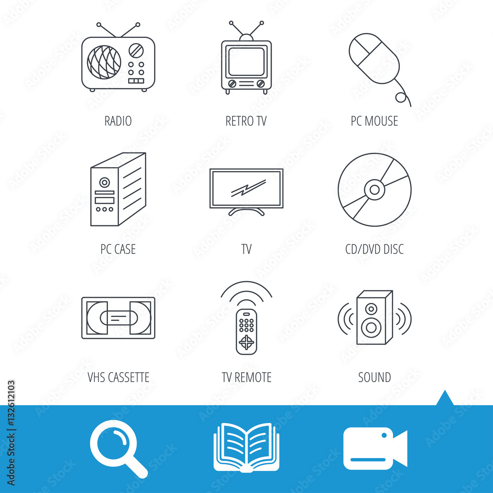 Retro TV, radio and DVD disc icons. PC mouse, VHS cassette and sound ...
