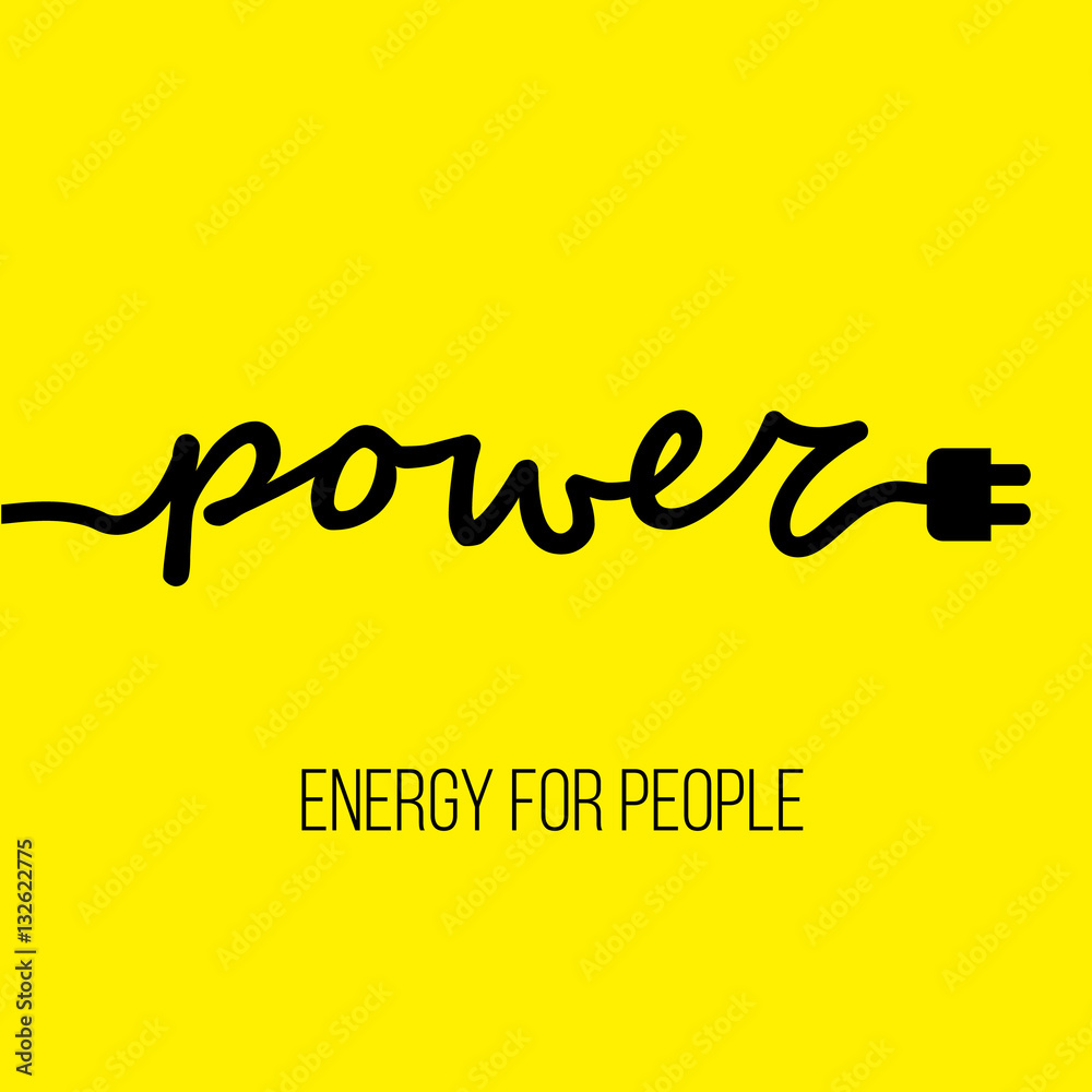 Electric cable in the form of word 'Power' with plug at the end. Energy ...