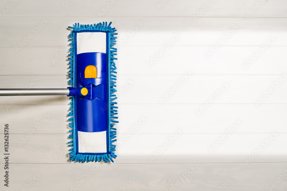 Cleaning floor with mop top view. Microfiber mop isolated on white ...