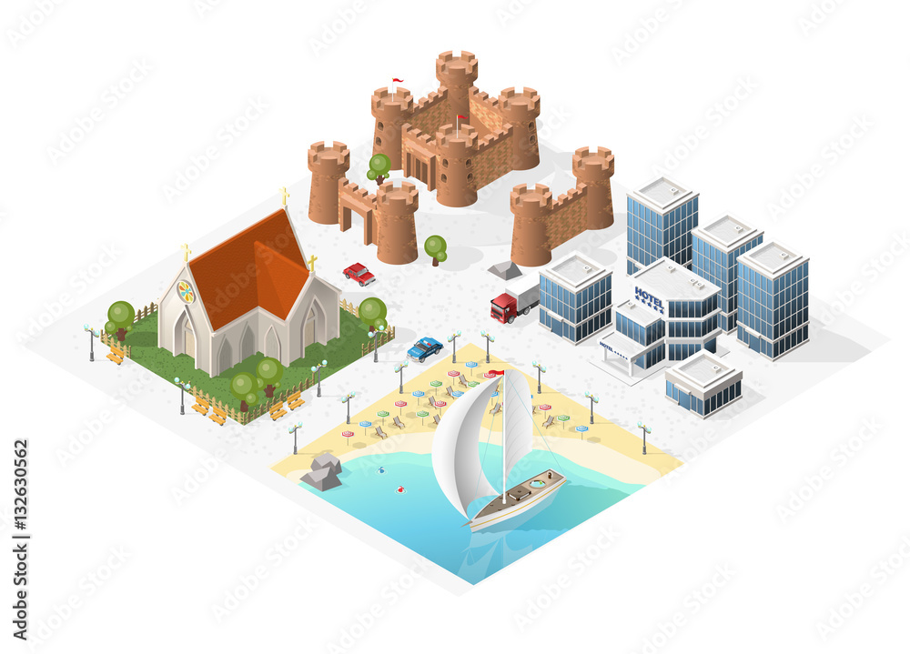 Set of Isolated Isometric Realistic City Maps. Elements with Shadows on ...