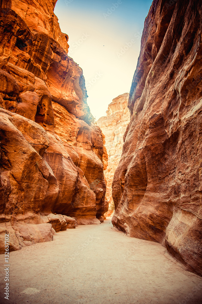Main entrance to ancient city of Petra through the gorge rocks. Wadi ...