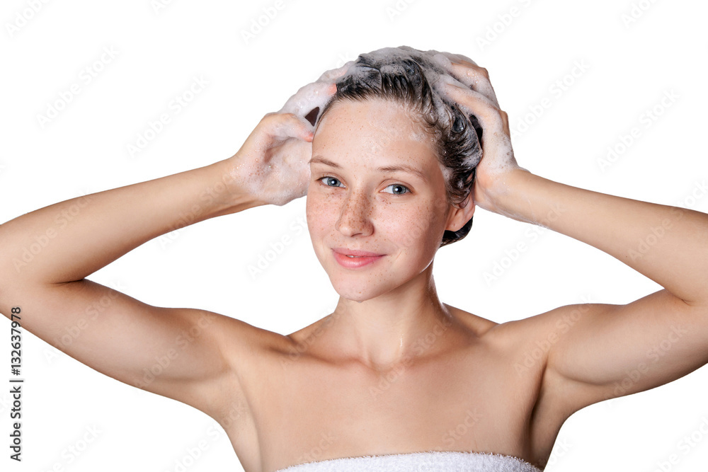 Beautiful woman taking a shower and shampooing her hair. washing hair ...