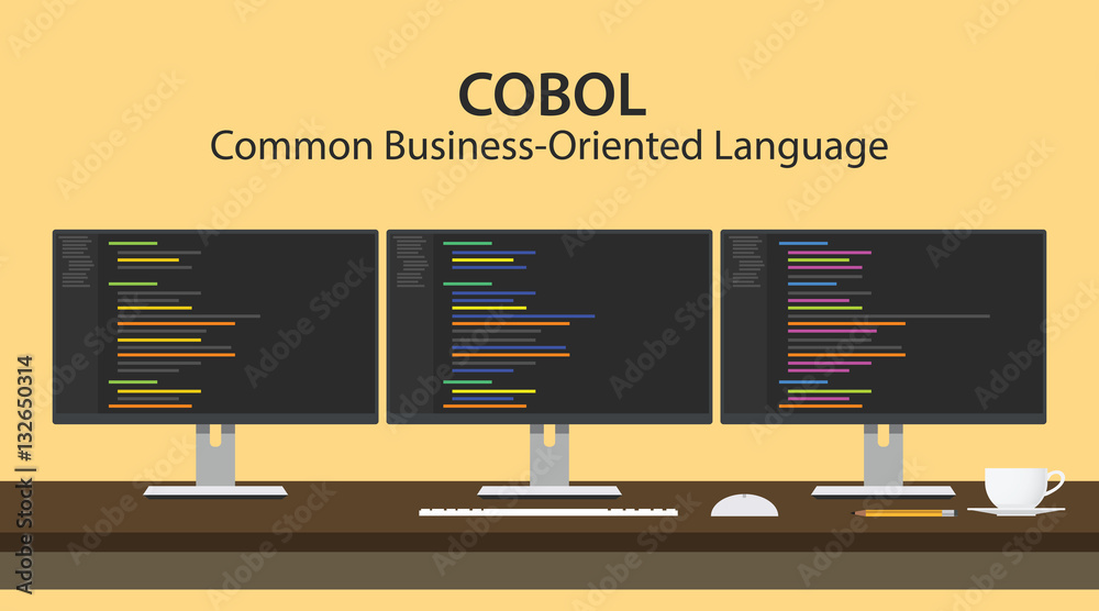 Illustration of COBOL - Common Business Oriented Language programming code displayed on three ...