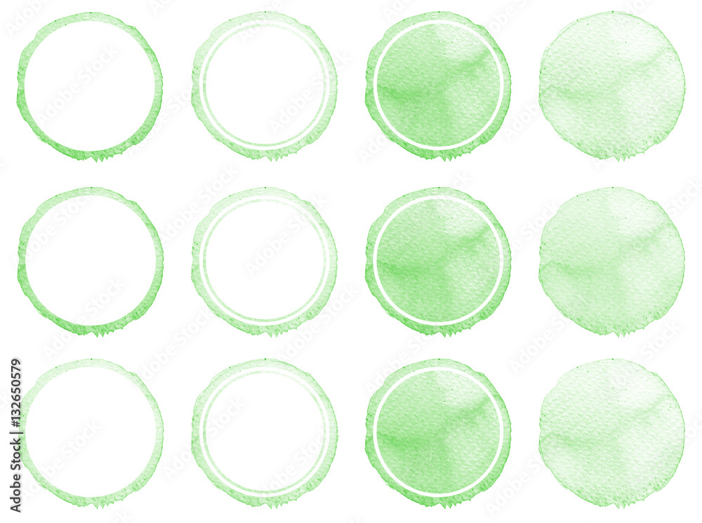 Watercolor circles collection green colors. Stains set isolated on ...