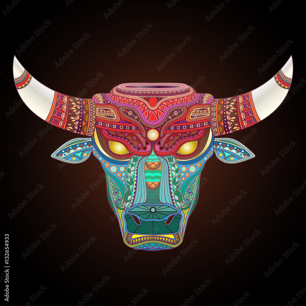 Colored vector line patterned Bull head. abstract art, native art on ...
