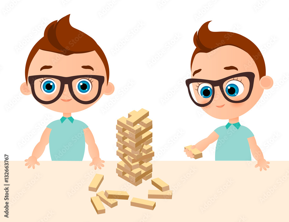 Boys play in wood game - jenga. Boy with glasses. Vector illustration ...