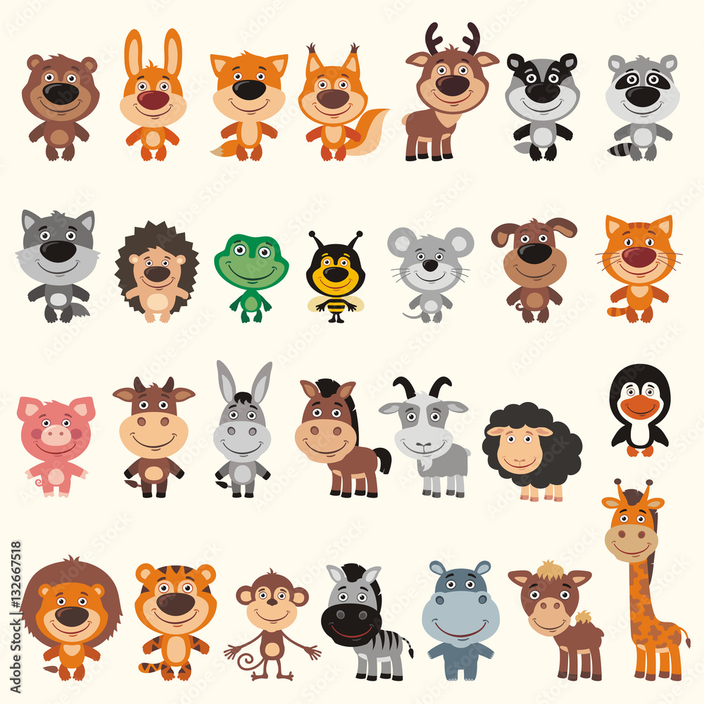 Big set different funny animals. Vector collection isolated animals in ...