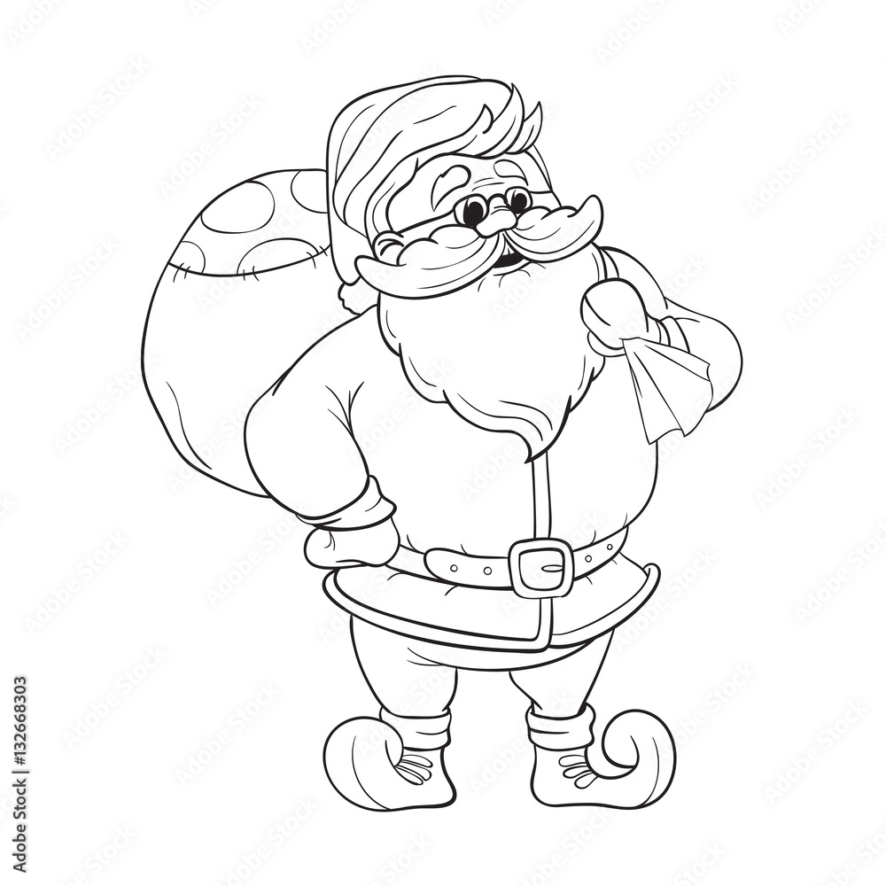 Funny cartoon Santa Claus with sack of presents on his back. Black and ...