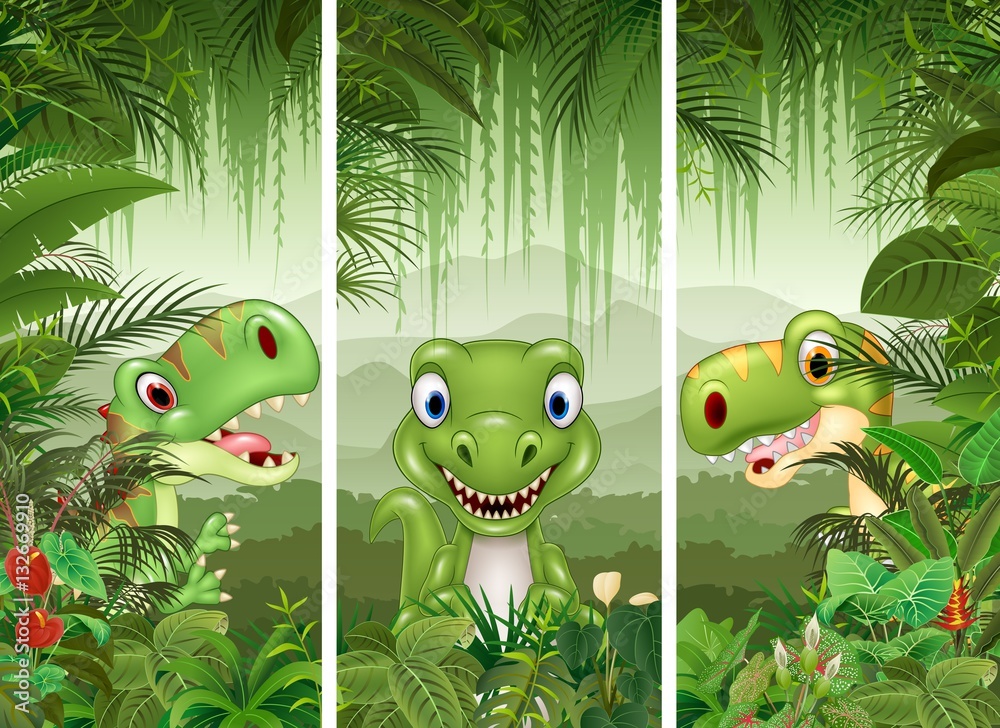 Set of dinosaur with tropical forest background Stock Vector | Adobe Stock