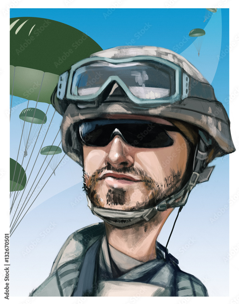 Funny hand drawn illustration cartoon. United States paratrooper ...