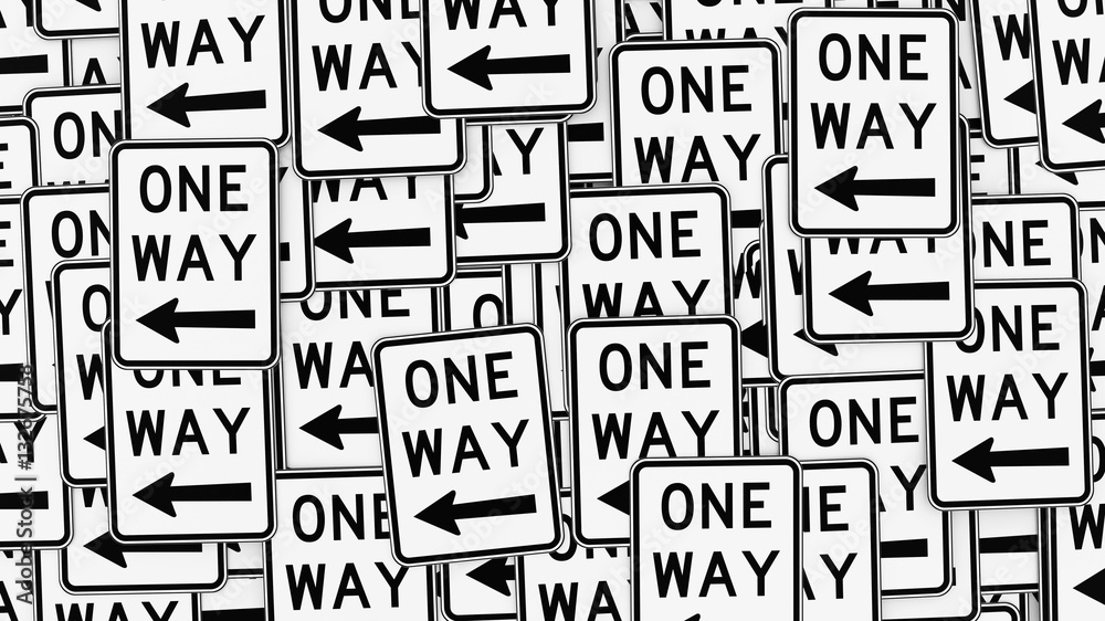 Large aligned pile of left point one way traffic signs. This image is a ...