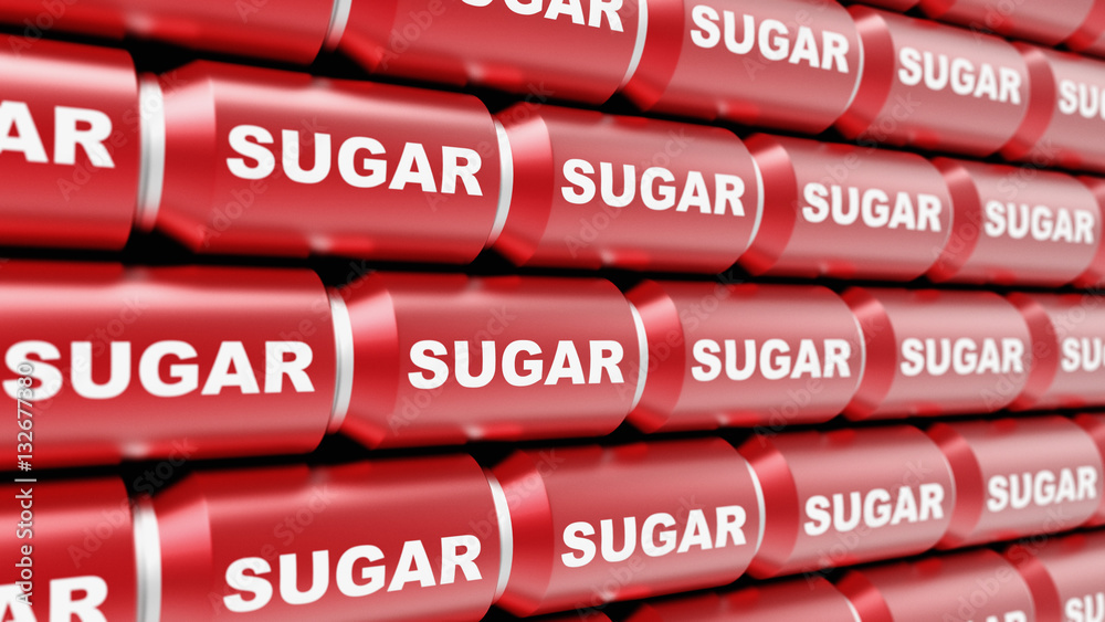 Perfect array of red aluminium soft drink cans with the word sugar ...