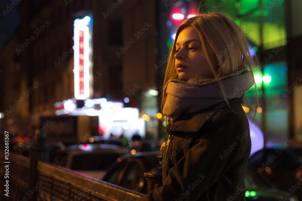 Girl on the street. Night city. Beautiful lights. Stock Photo | Adobe Stock