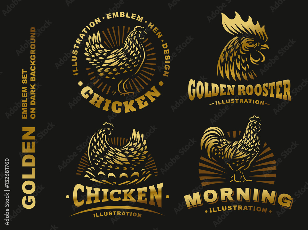 Set golden chicken emblem on dark background Stock Vector | Adobe Stock