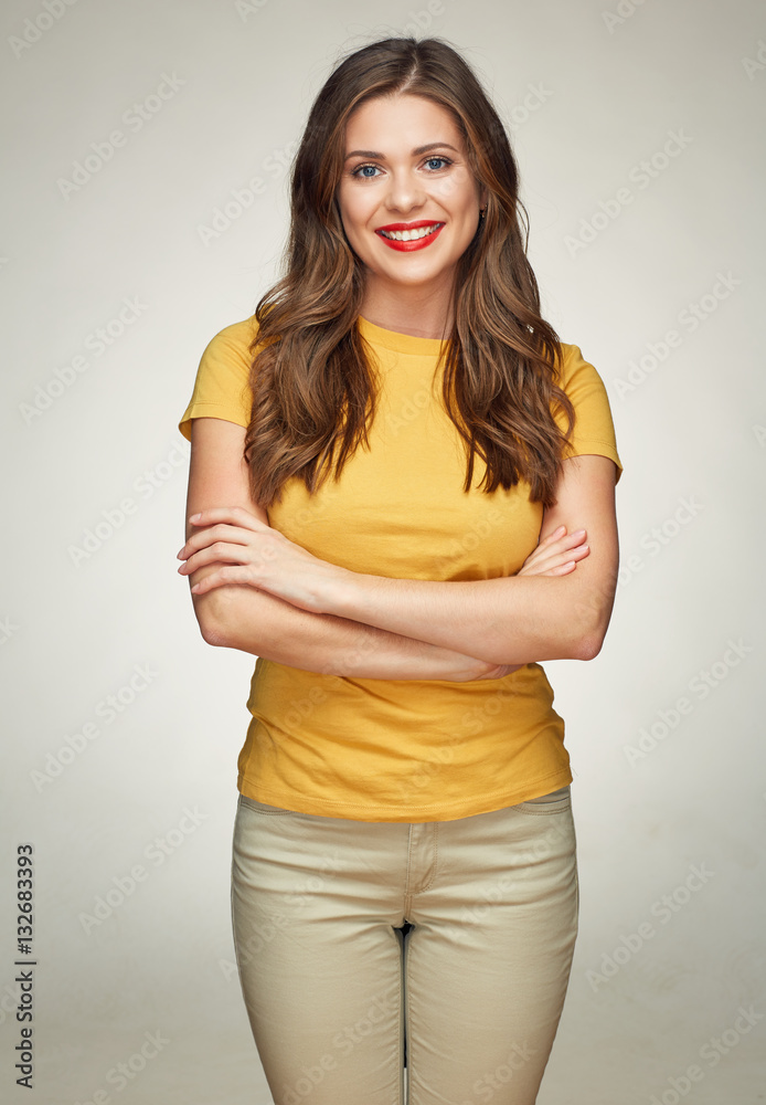 Woman smiling with teeth standing against isolated background Stock ...