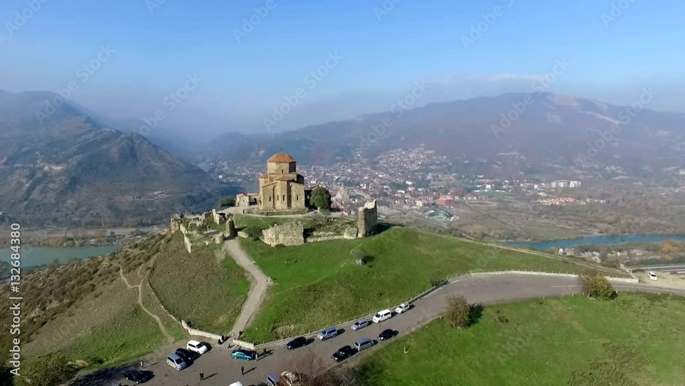 view of Jvari Monastery in Kutaisi from height with beautiful mountain ...