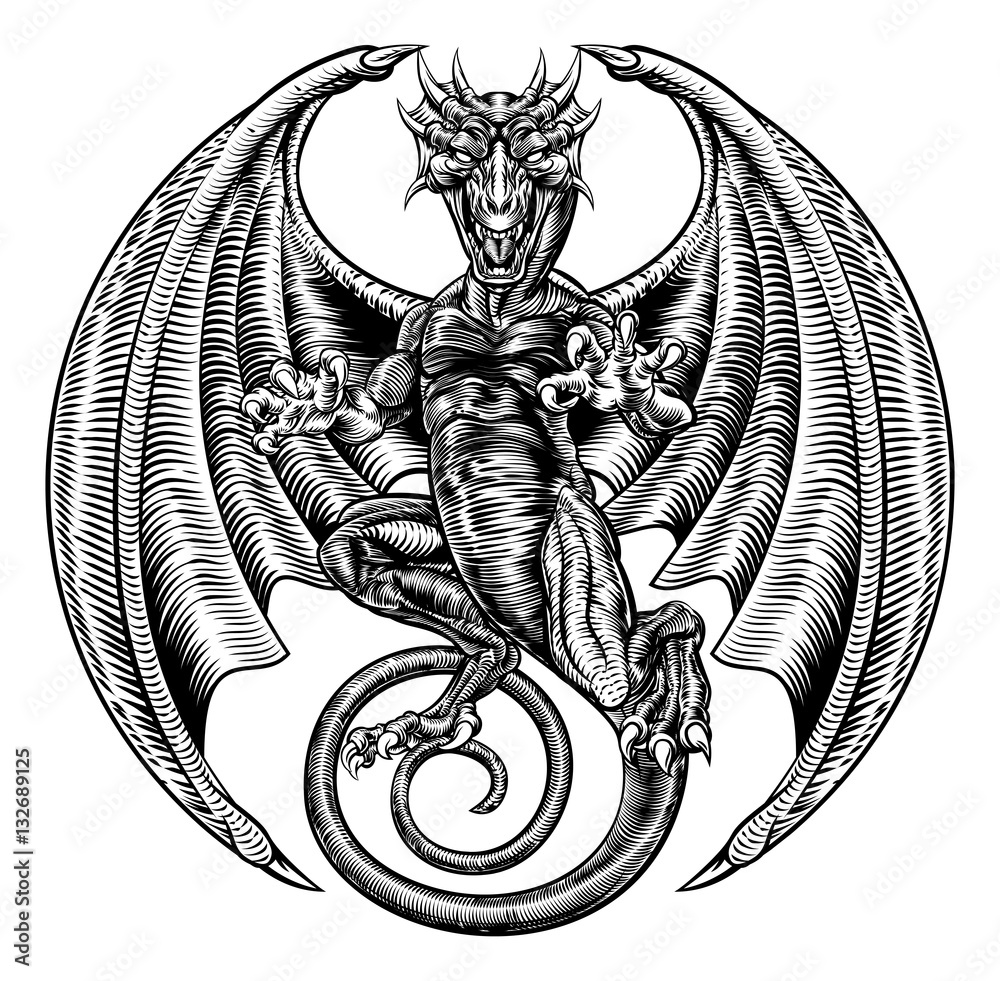 Dragon Engraved Etching Woodcut Style Stock Vector | Adobe Stock