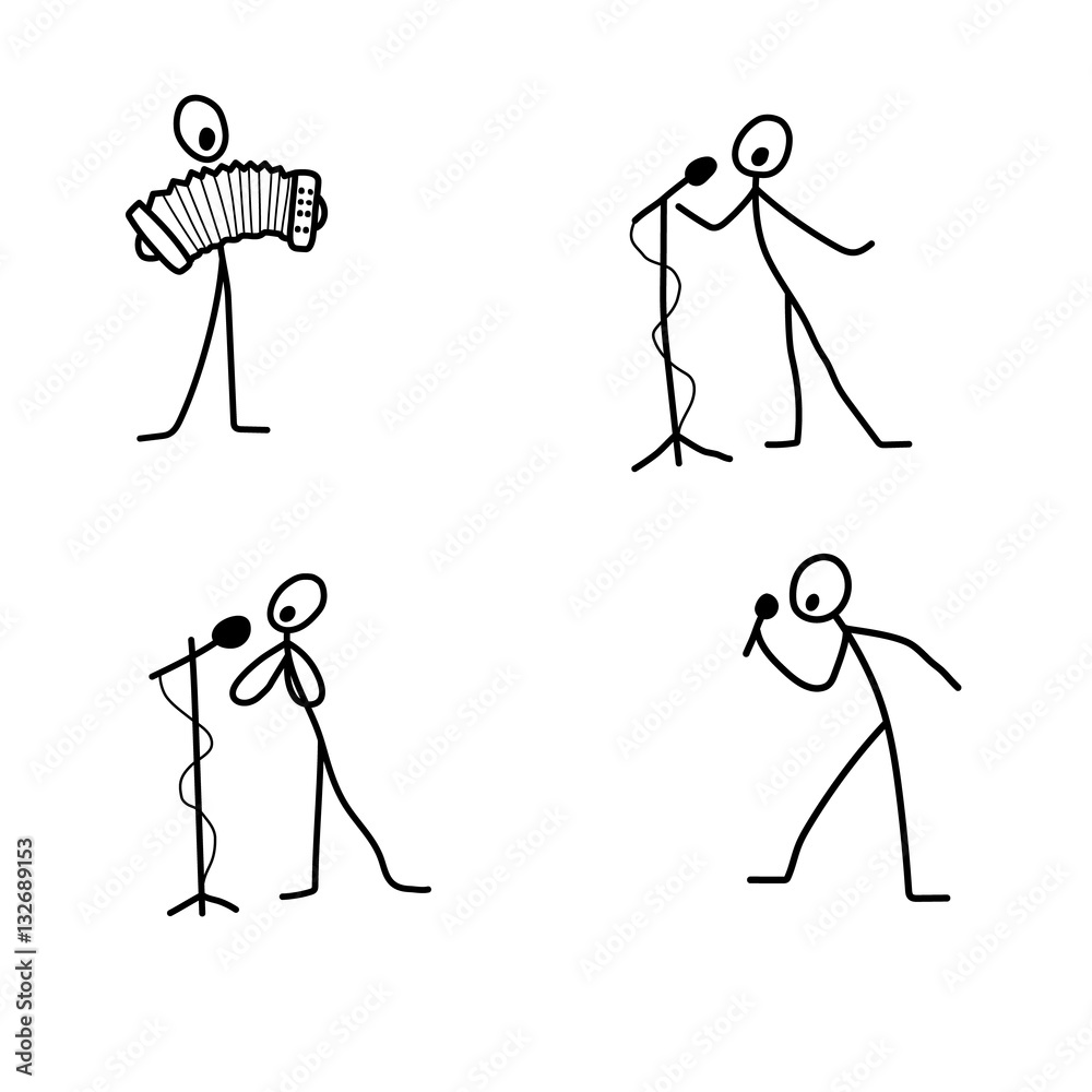Cartoon icons set of sketch stick singer figures in cute miniature ...