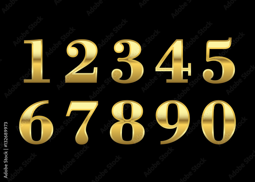 Gold numbers set. Golden metallic font, isolated on black background ...